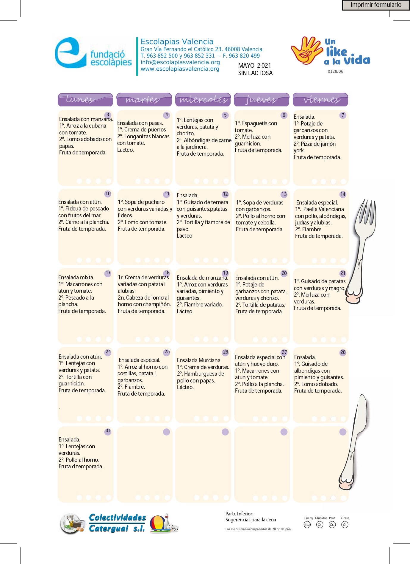 Menú escolar | Colegio Escolapias Valencia